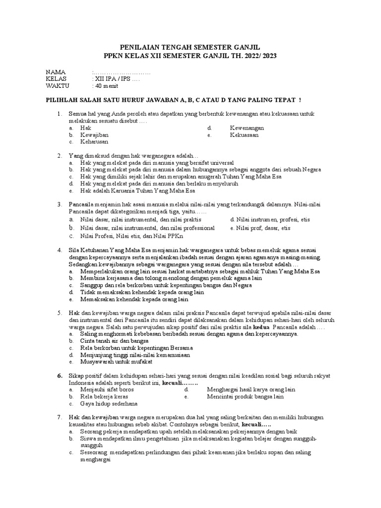 Soal PTS Ganjil PKN 12 | PDF