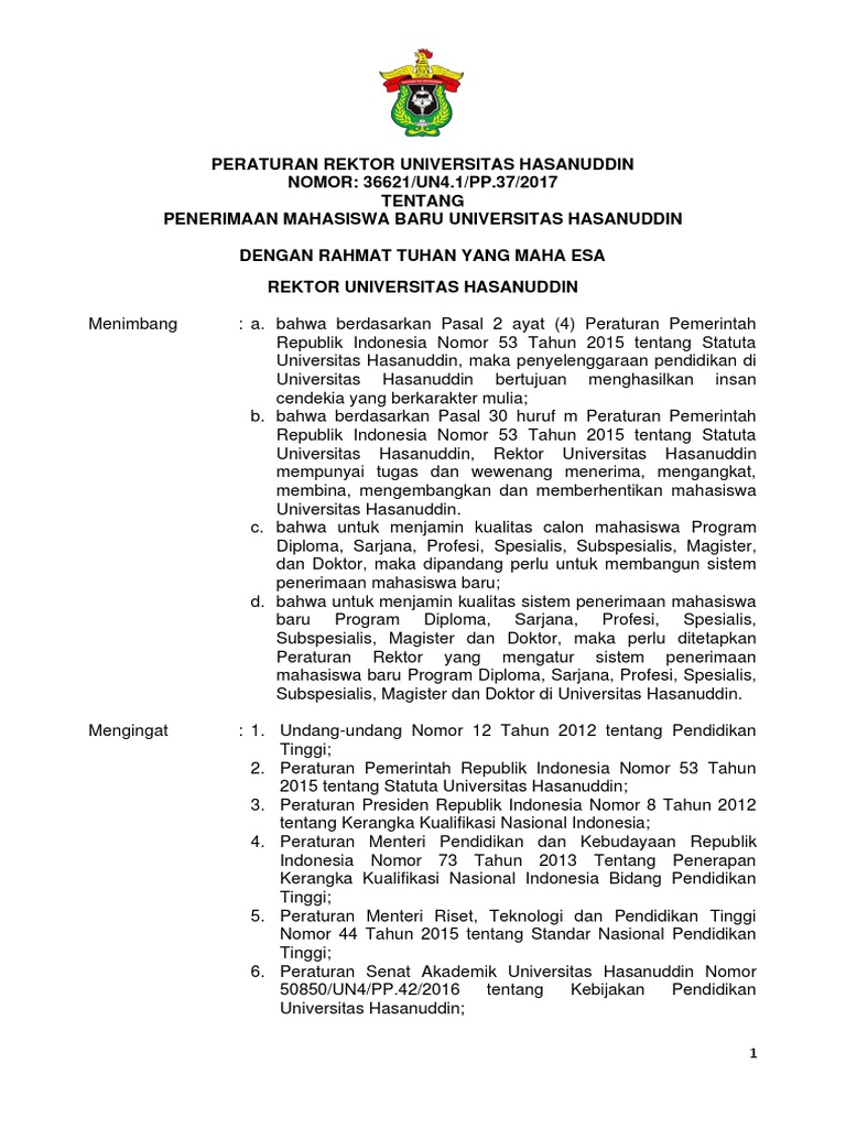 Peraturan Rektor Tentang Penerimaan Mahasiswa Baru | PDF