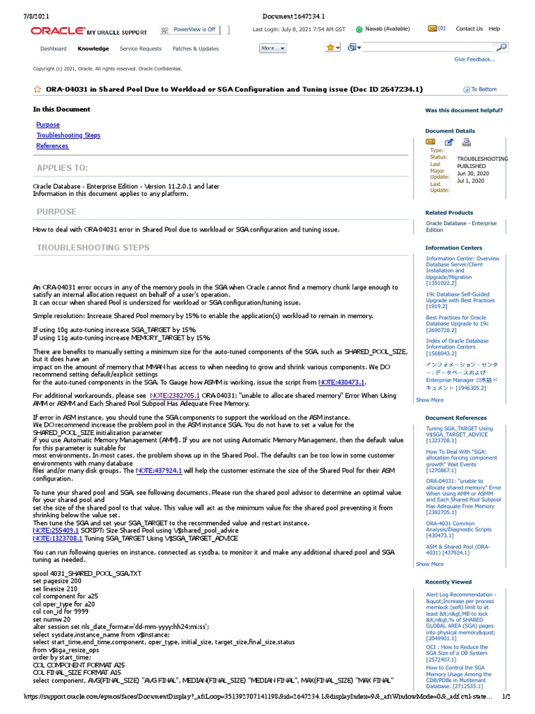 ORA-04031 in Shared Pool Due to Workload or SGA Configuration and Tuning issue (Doc ID 2647234.1 ...