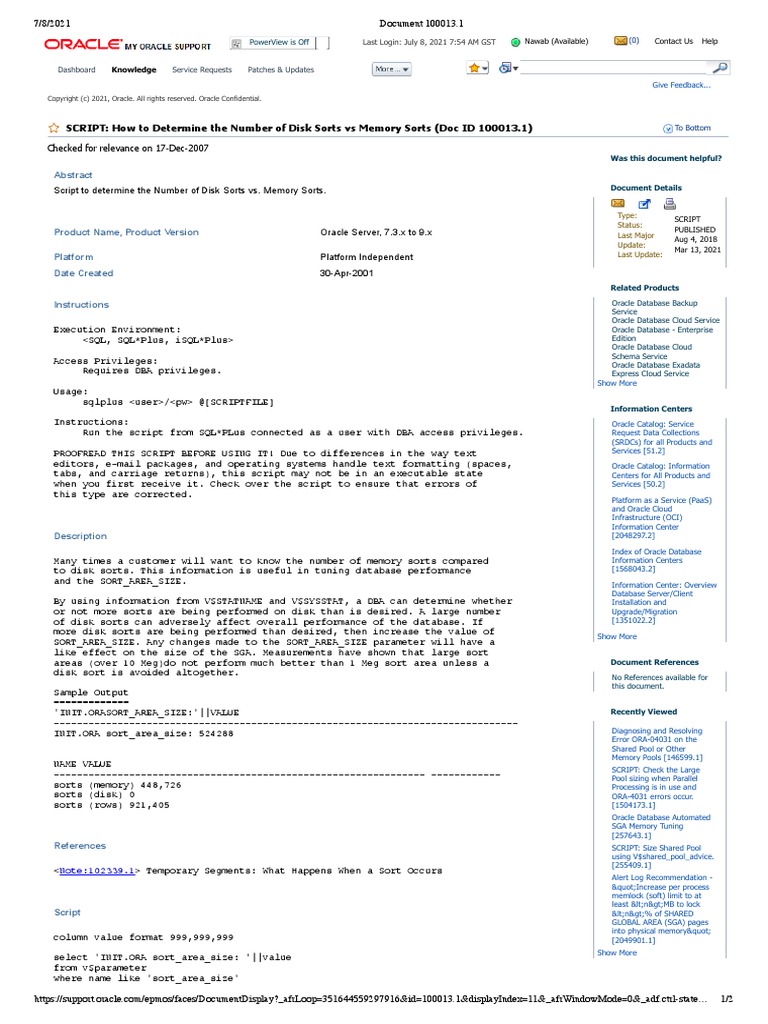 SCRIPT - How To Determine The Number of Disk Sorts Vs Memory Sorts (Doc ID 100013.1) | Download ...