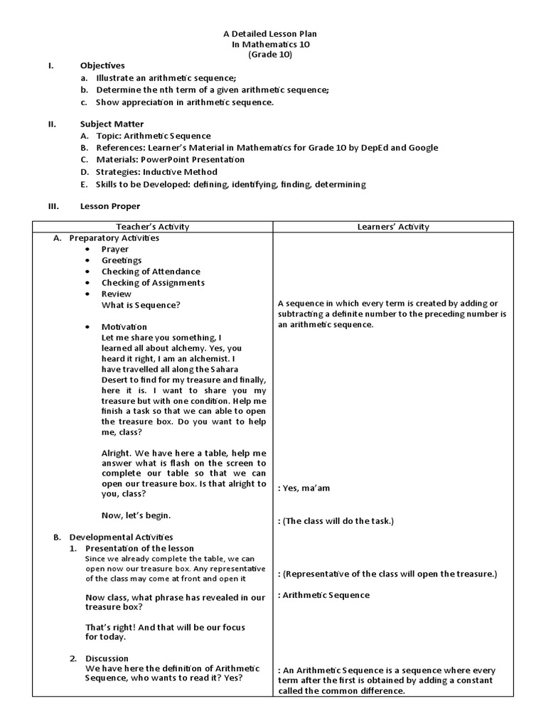 Arithmetic Sequence DLP | PDF | Lesson Plan | Mathematics