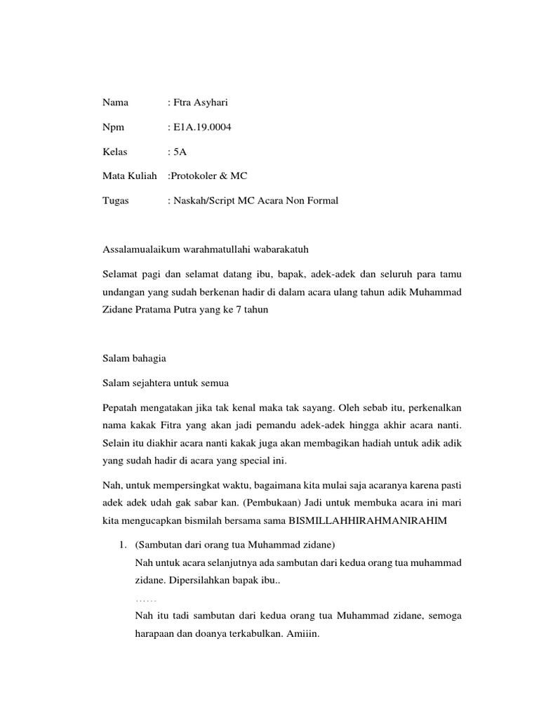 Script MC Acara Non Formal Fitra Asyhari E1A.19.0004 | PDF
