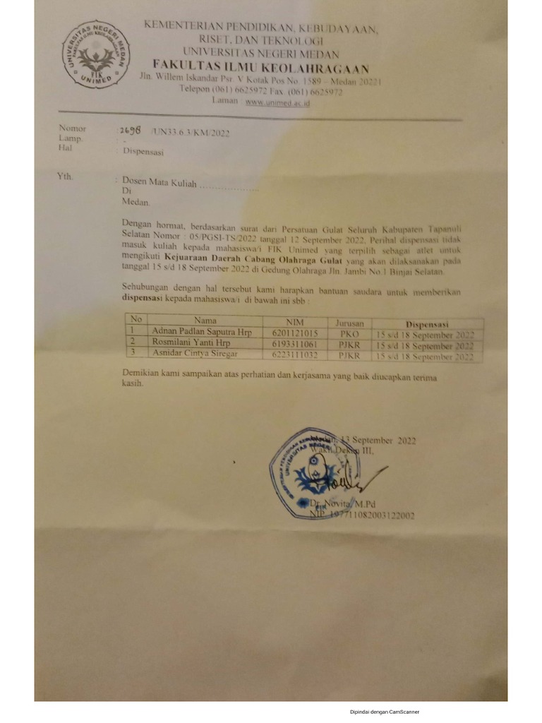 Surat Dispensasi Kejuaraan-Kejuaraan Gulat Sumatera Utara | PDF