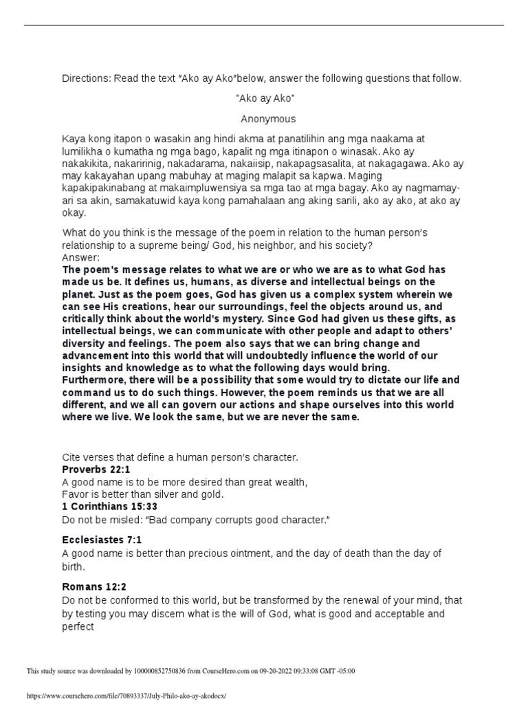 Message of "Ako ay Ako" Poem | PDF | Religious Belief And Doctrine