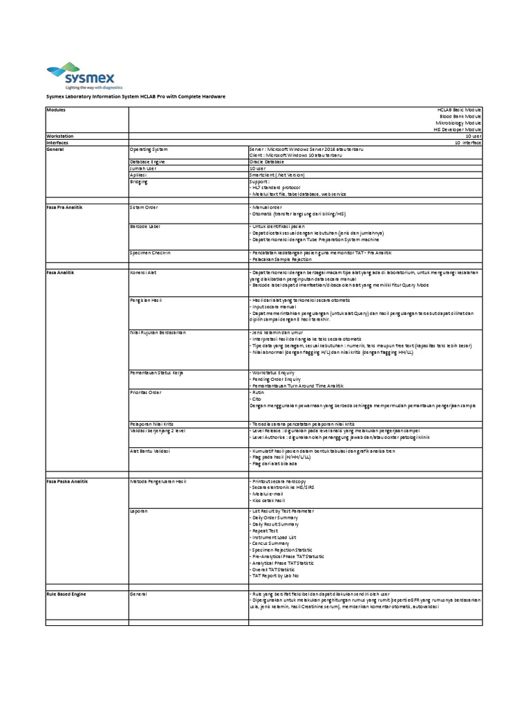Spesifikasi SYSMEX HCLAB PRO PACKAGE - P | PDF