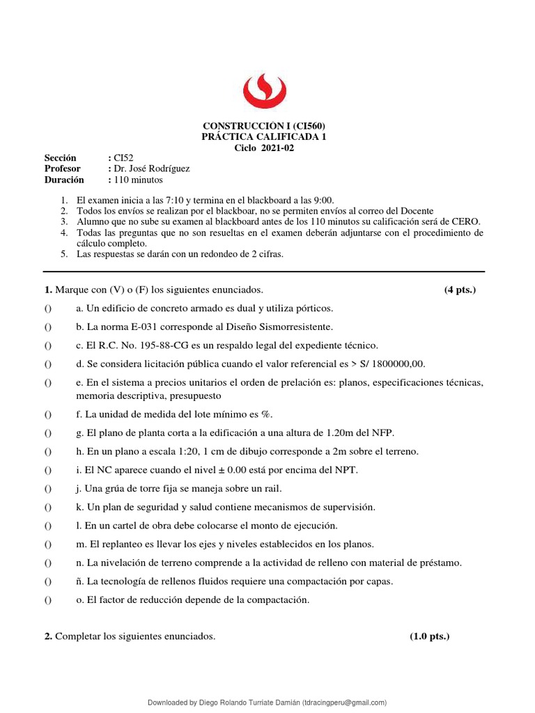 PC1 2021 D - PC1 Construcción 1 Del Ciclo Académico 2021-2 | PDF