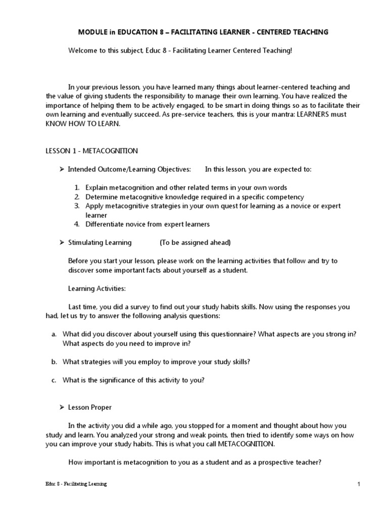 Module 1 Lesson 2-Metacognition | PDF | Metacognition | Learning