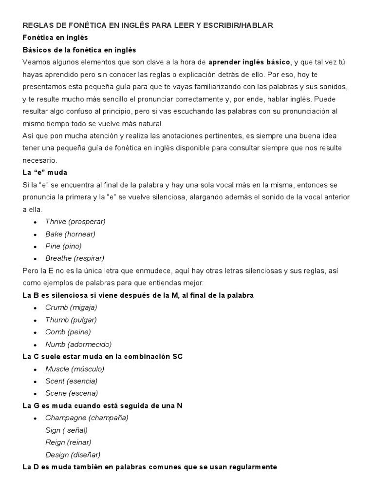 Reglas de Fonética en Inglés para Leer y Escribir | PDF | Fonética ...