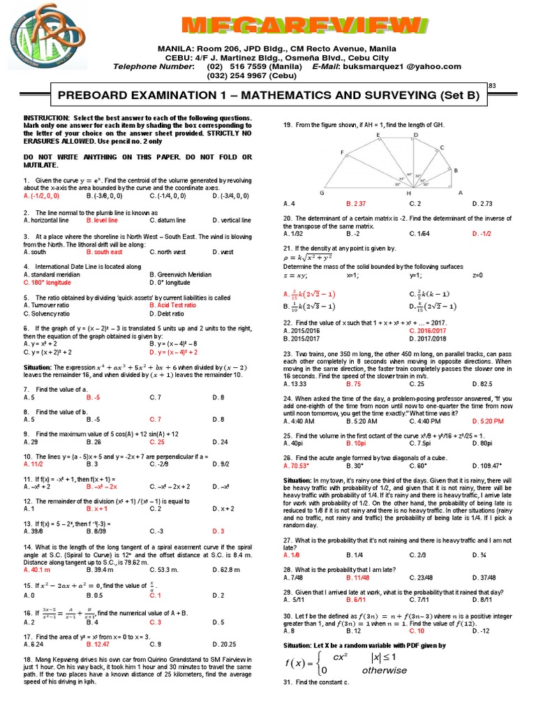 PREBOARD MATH SURVEYING WITH ANSWERS NOV 2017 - Set B | PDF | Area ...