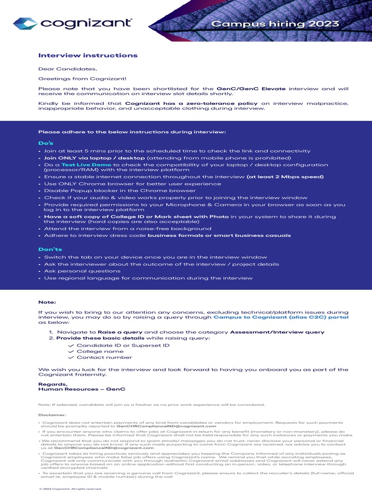 Cognizant GenC Interview Guidelines | PDF | Job Interview | Information Age