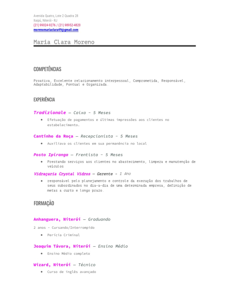 Currículo de Maria Clara Moreno | PDF