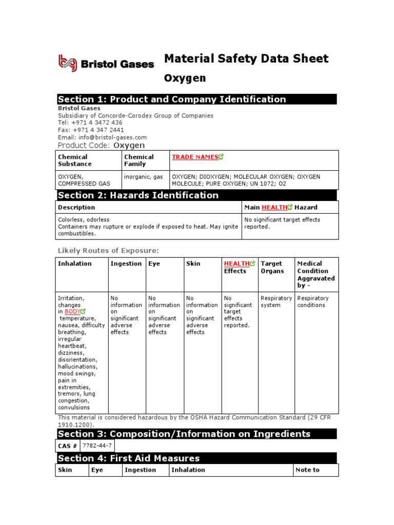Safety Data Sheet for Oxygen: A Comprehensive Guide to the Hazards and Properties of this ...