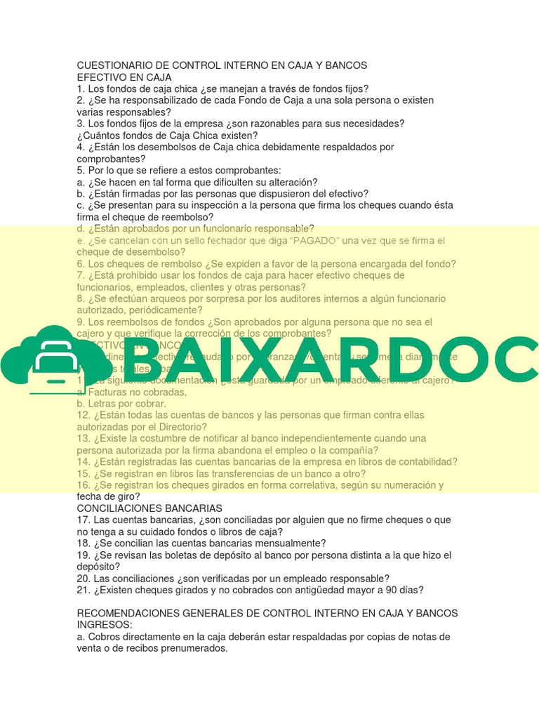 Cuestionario de Control Interno en Caja y Bancos | Descargar gratis PDF | Bancos | Contabilidad