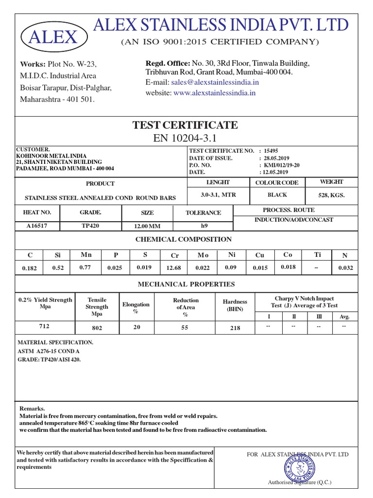 SS420, 12mm-Ram | PDF | Stainless Steel | Construction
