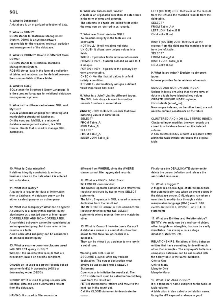 SQ L Cheat Sheet | PDF | Relational Database | Database Index