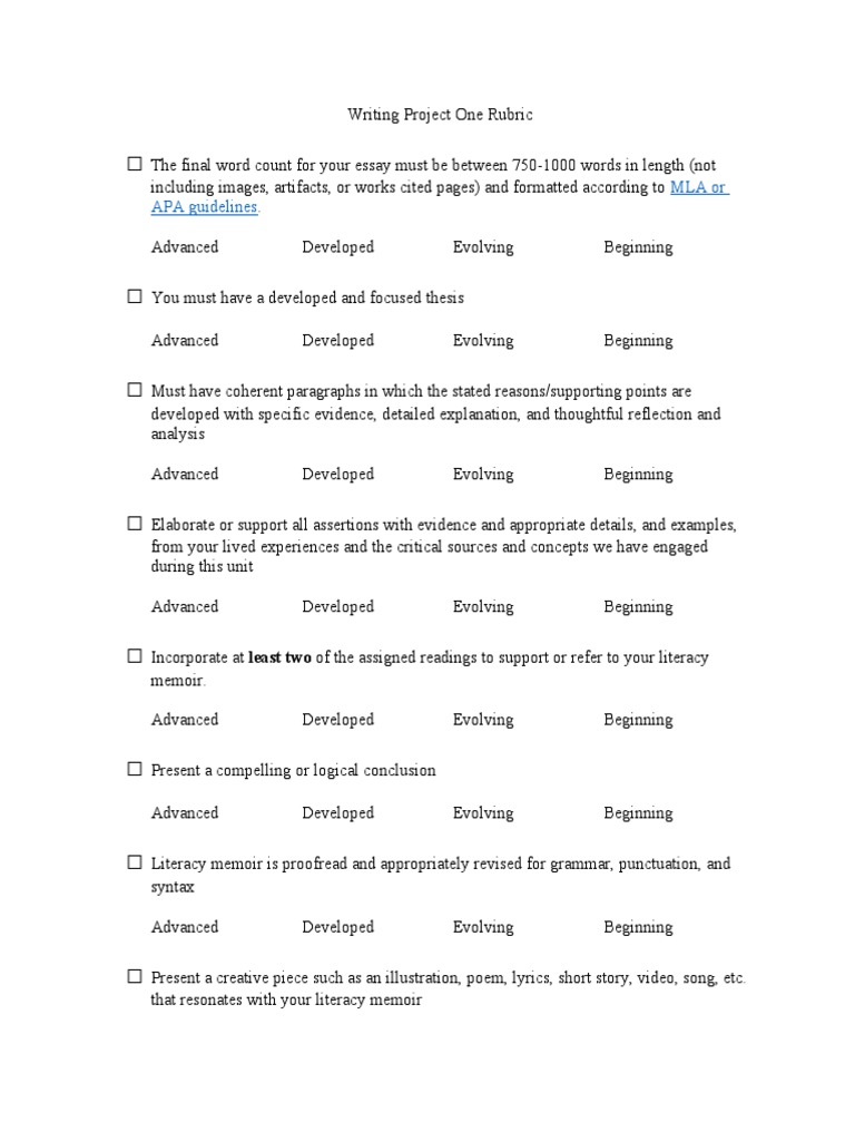 Writing Project 1 Rubric - Tagged | PDF