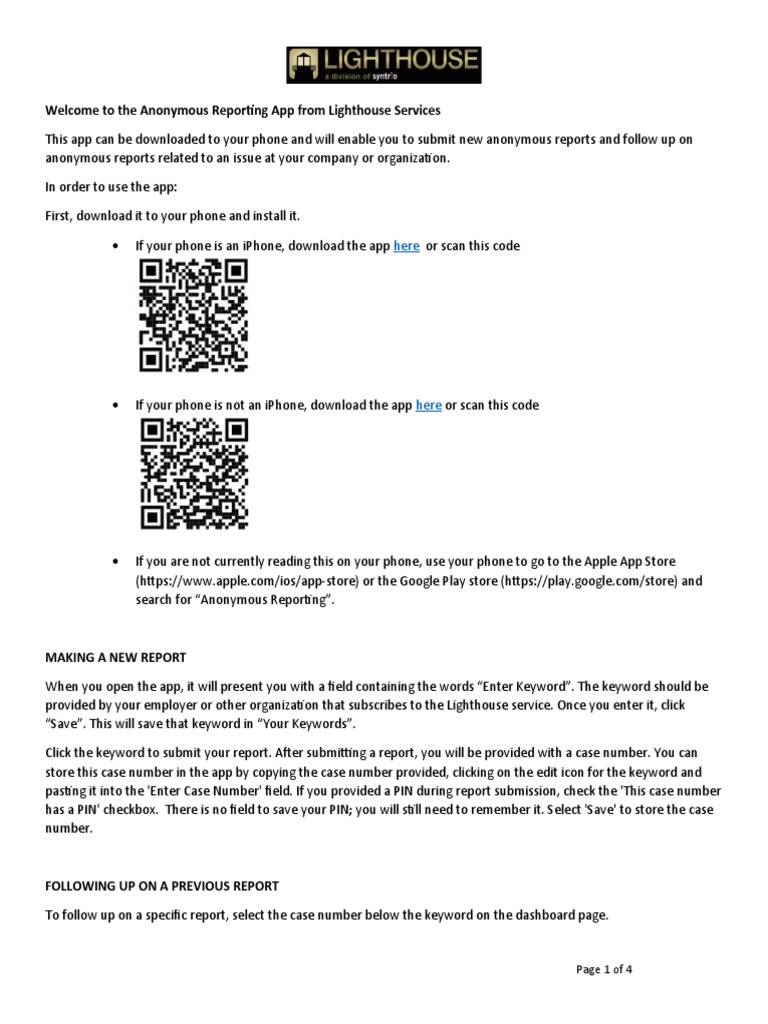Using The Lighthouse Anonymous Reporting App Pdf Apple Inc