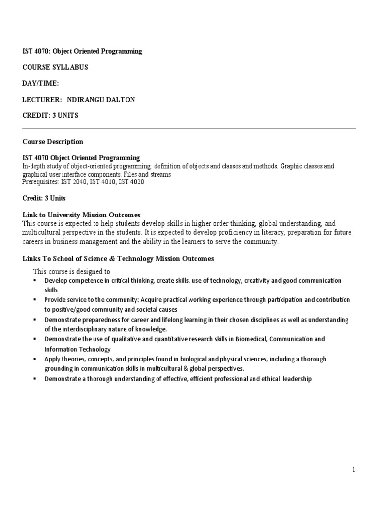 Ist 4070 Course Syllabus Pdf Object Oriented Programming Inheritance Object Oriented