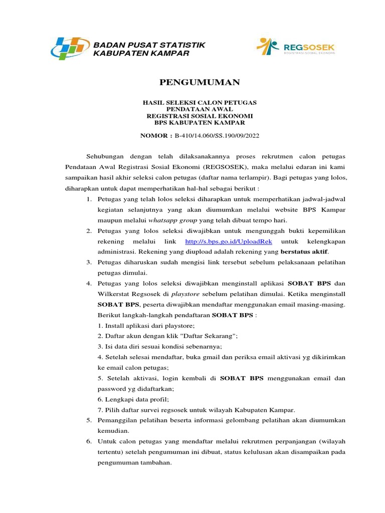 Hasil Seleksi Petugas Regsosek Kampar | PDF