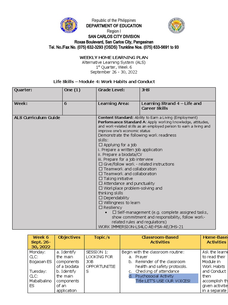WLP LIFESKILSS QUARTER1 WEEK 6 Module 4 WORK HABITS AND CONDUCT 1 | PDF ...