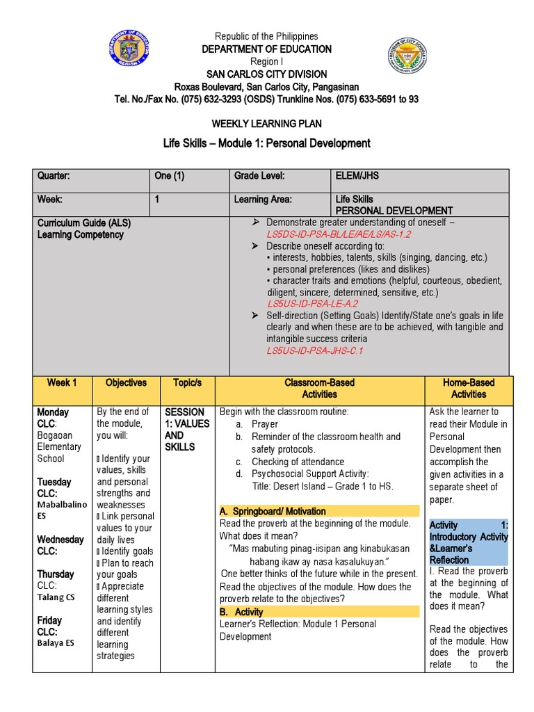 WLP LifeSkills Quarter1 Week1 Module1 Personal Development | PDF ...