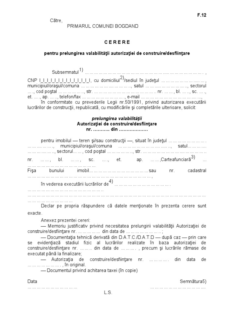 F. 12 - Cerere Prelungire Autorizatie de Constr | PDF
