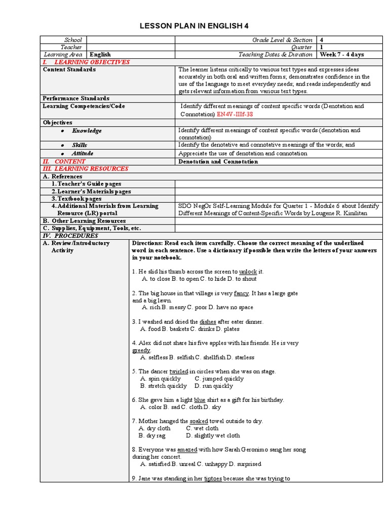 English4 - Q1 - DLP - Week7 - Denotation - Connotation | PDF | Odor ...