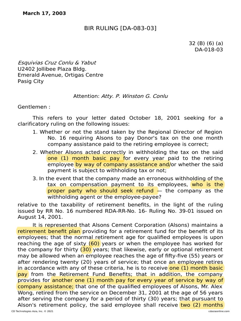 BIR Ruling DA-083-03 | PDF | Employment | Taxes