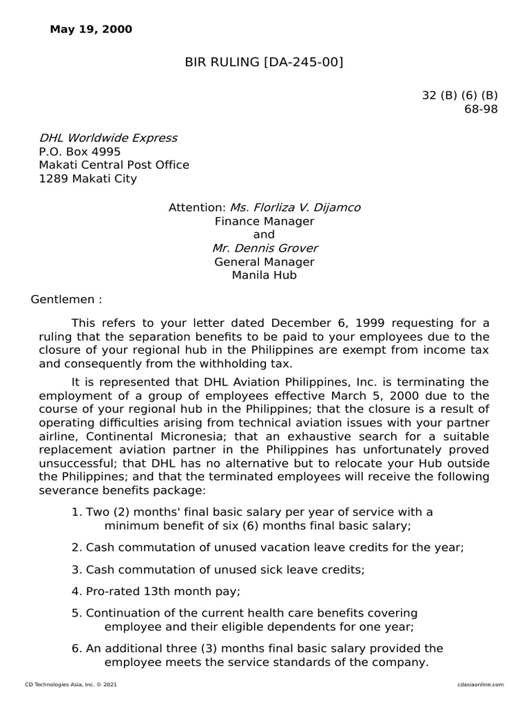 BIR Ruling DA-245-00 | PDF | Employment | Taxes