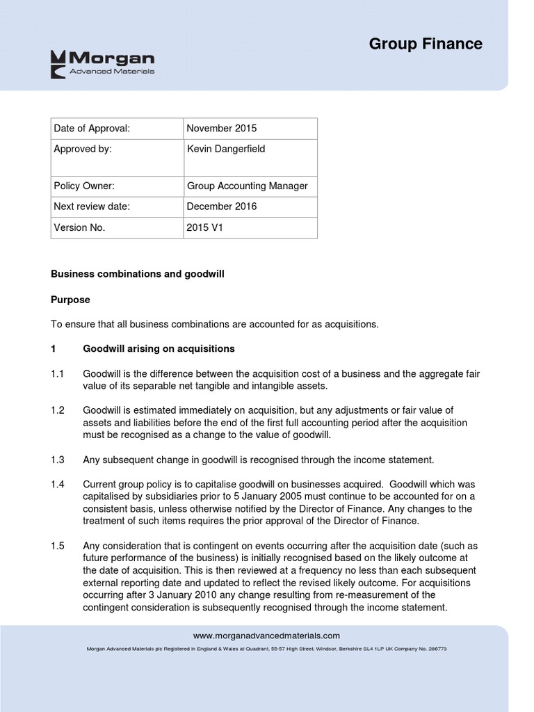 Business Combinations and Goodwill Policy | PDF | Fair Value | Goodwill ...