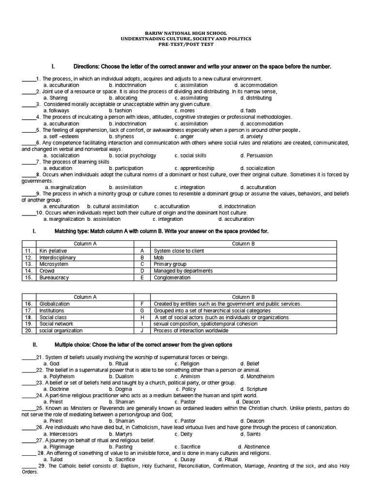 Pre Post Test Ucsp Download Free PDF Anthropology Sociology