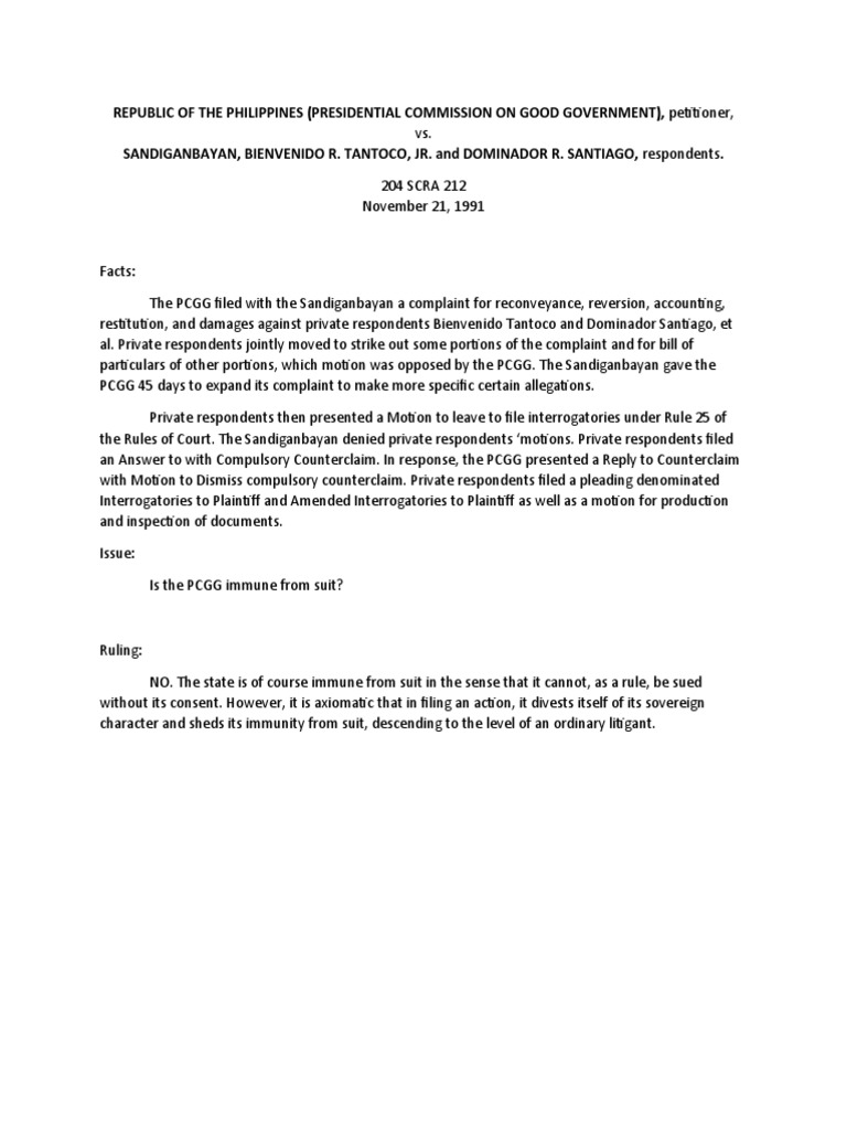 PCGG vs. Tantoco: Sovereign Immunity Case | PDF