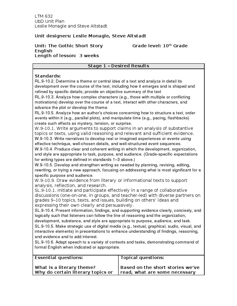 Gothic Fiction Unit Plan-Final | PDF | Gothic Fiction | Educational Assessment