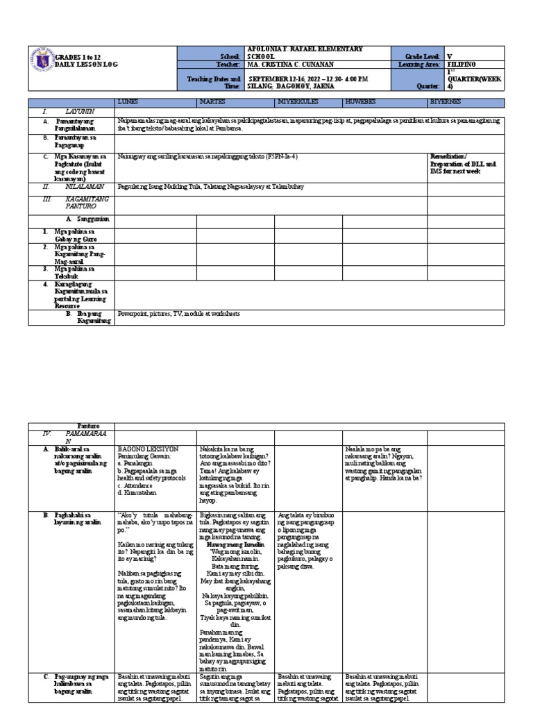 DLL - Filipino 4 - Q1 - W4 | PDF