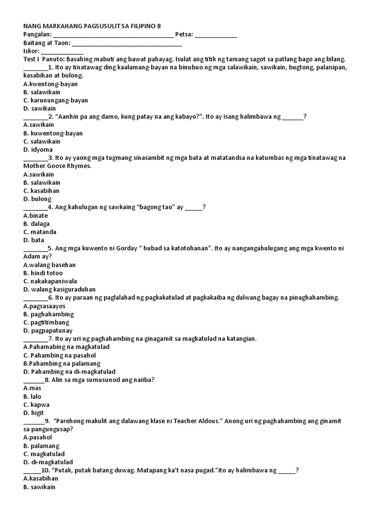 uNANG MARKAHANG PAGSUSULIT SA FILIPINO 8 | PDF uNANG MARKAHANG PAGSUSULIT SA FILIPINO 8 | PDF