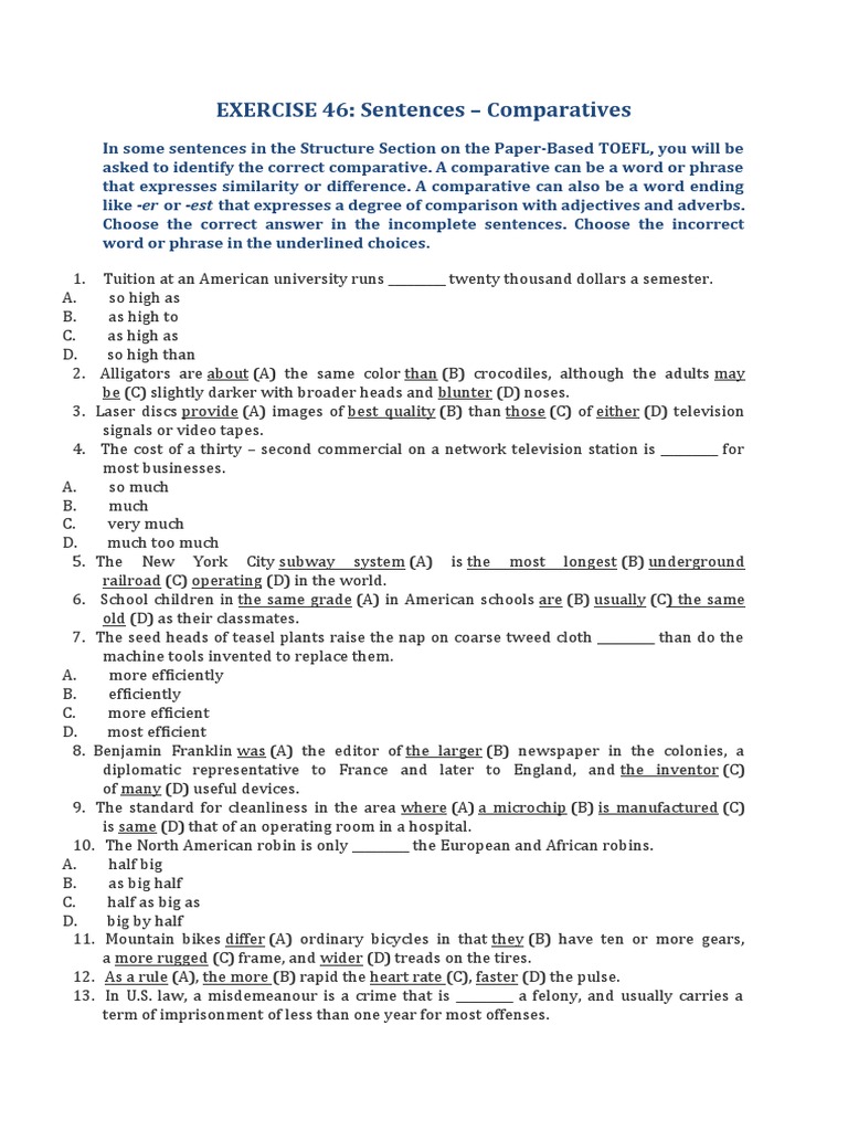 Comparative Sentences Exercise 46 | PDF | Adverb | Adjective