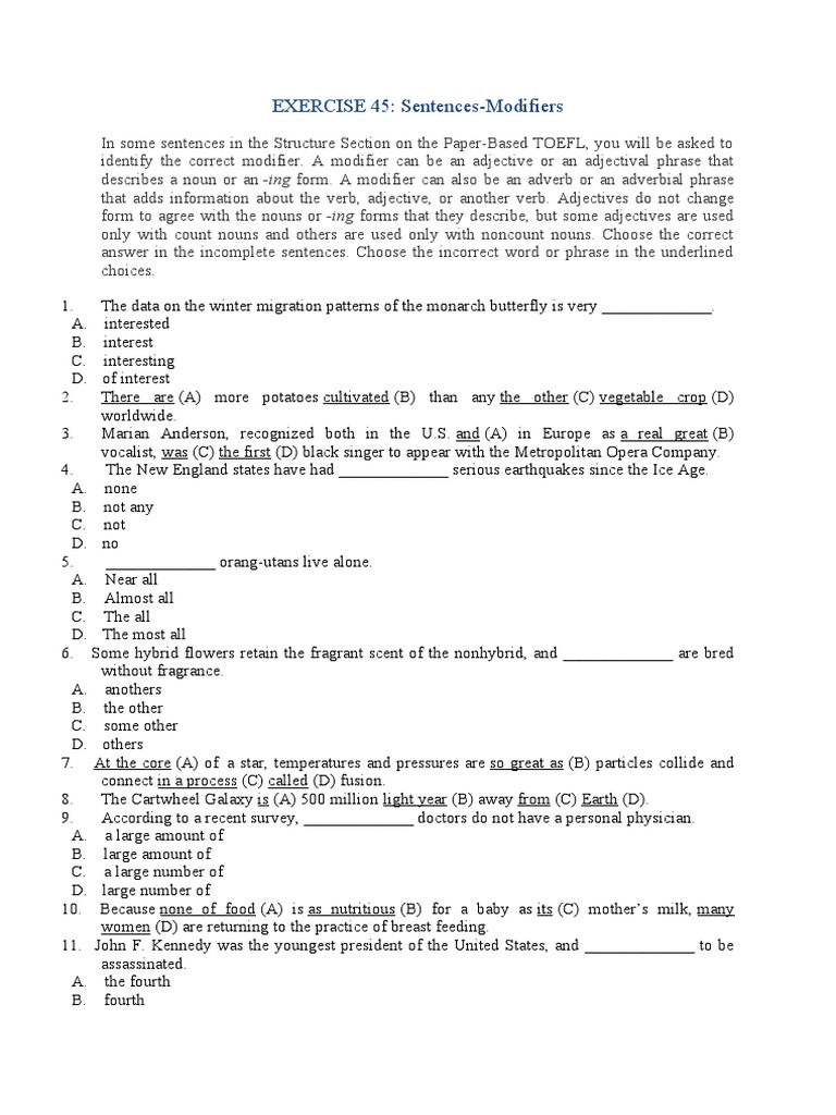 EXERCISE 45 Sentences-Modifiers | PDF | Grammatical Number | Adjective
