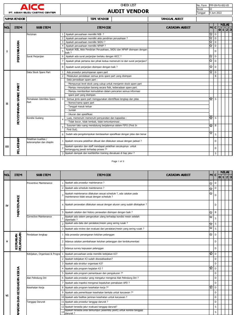 Checklist Audit Vendor dan Persyaratan | PDF