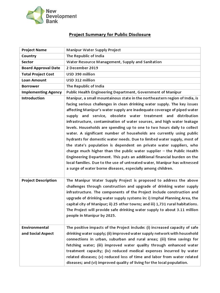 19IN05 Manipur Water Approved Project Summary | PDF | Water Supply | Drinking Water