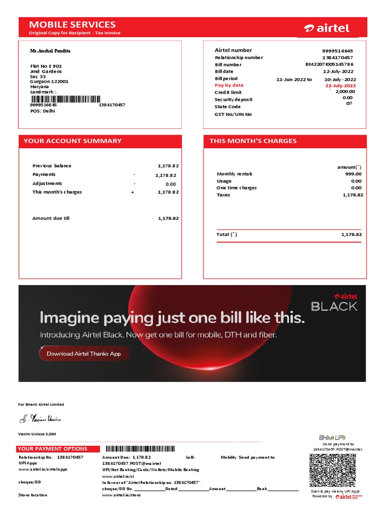 Airtel Monthly Bill Summary for July 2022 | PDF | Payments | Cheque