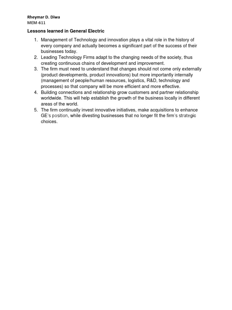 Lessons Learned in General Electric | PDF