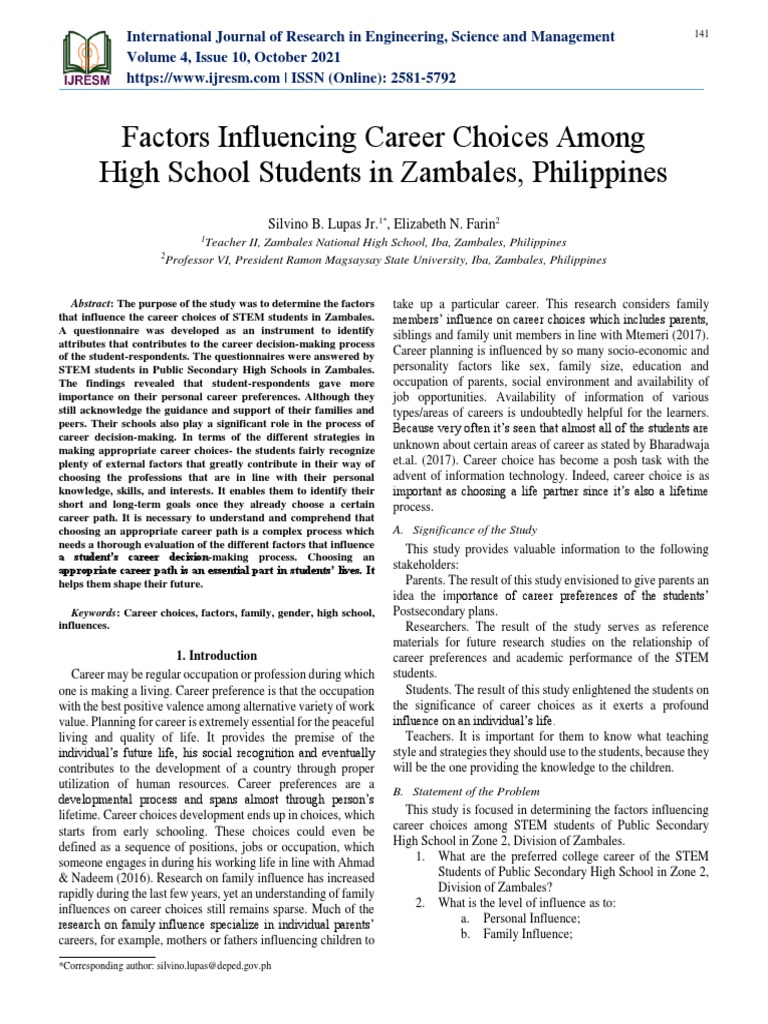 Factors Influencing Career Choices Among High School Students in Zambales, Philippines | PDF ...