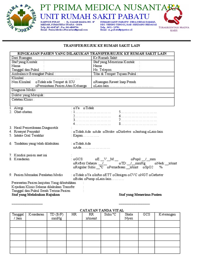 Form Transfer Pasien Ke RS Lain | PDF