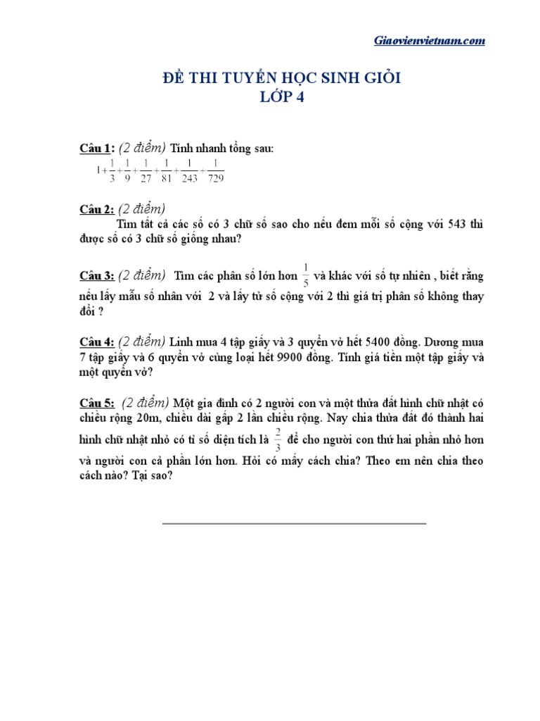 Bo de Thi Hoc Sinh Gioi Toan Lop 4 Co Dap An | PDF