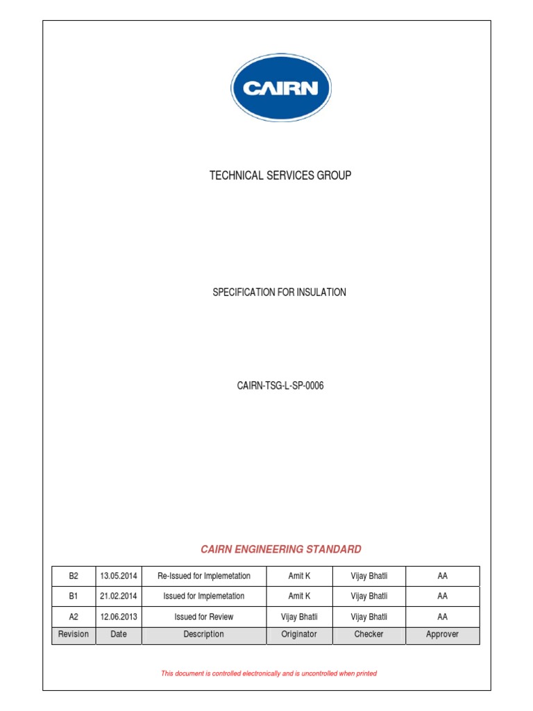 CAIRN-TSG-L-SP-0006-B2-Insulation (Piping) | PDF | Pipe (Fluid Conveyance) | Thermal Insulation