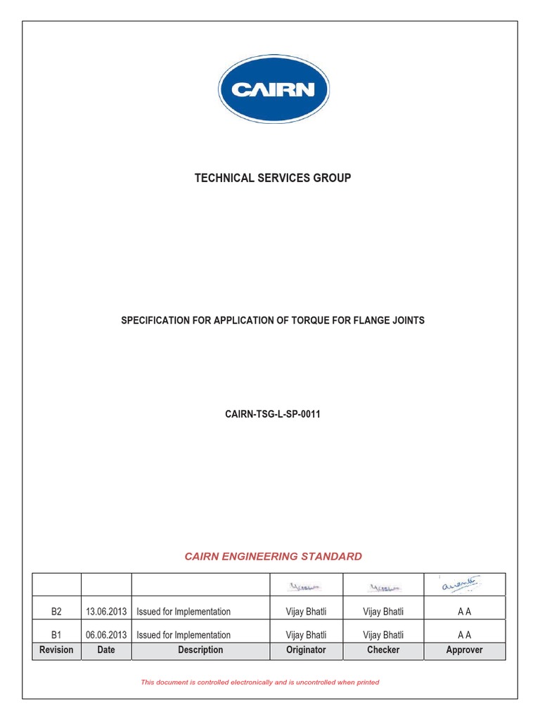 CAIRN-TSG-L-SP-0011-B2-Specification For Application of Torque For Flange Joints | PDF ...