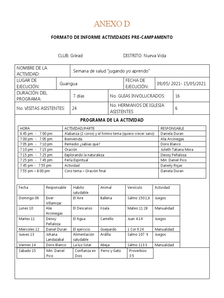 ANEXO D Formato Informe Actividades Pre-Campamento | PDF