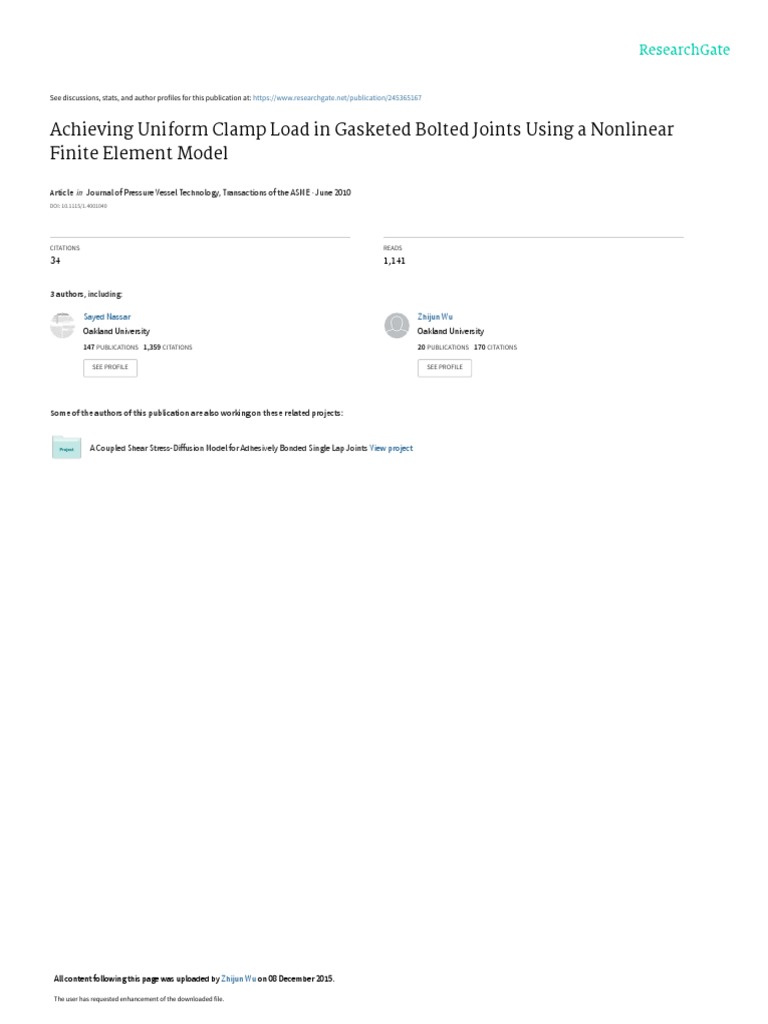Achieving Uniform Clamp Load in Gasketed Bolted Joints Using A Nonlinear Finite Element Model ...