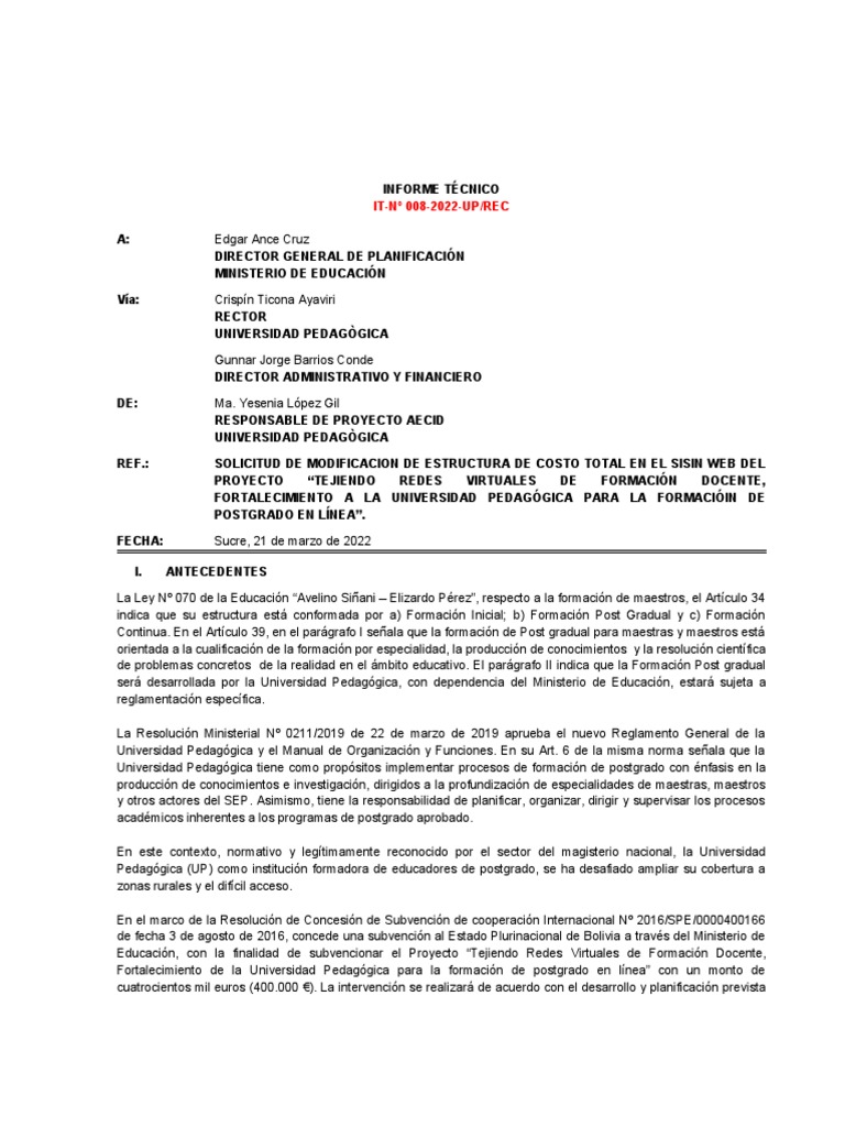 Modificación de Código SISIN en Proyecto Educativo | PDF | Bolivia ...