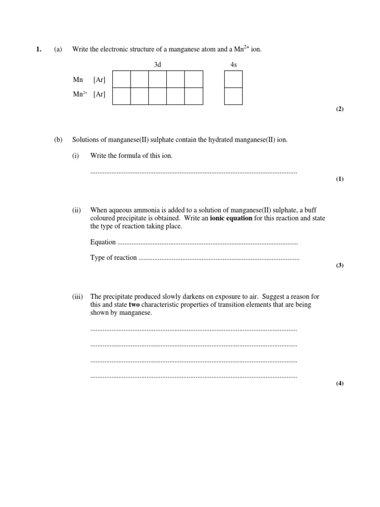 Chem Unit 5 Transition Metals Questions Pdf Ion Redox